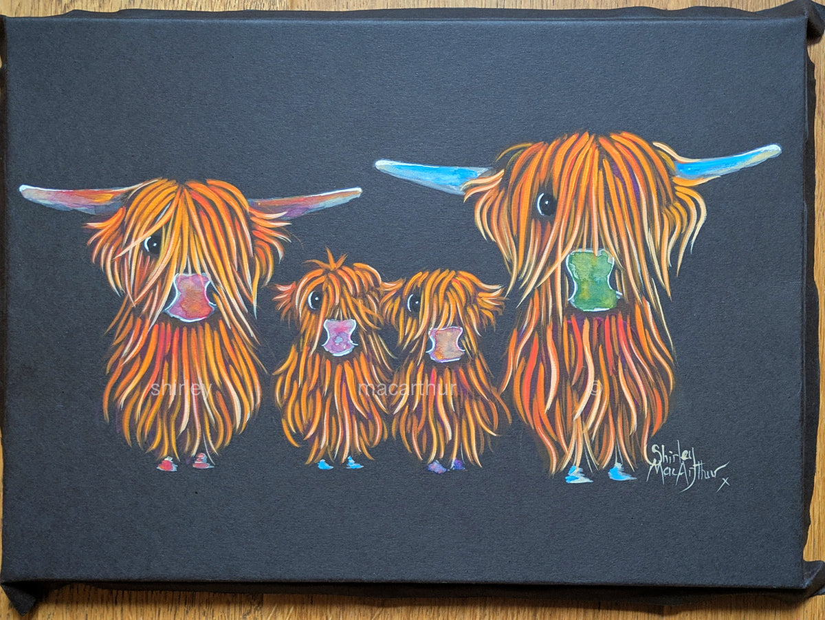 ORiGiNaL Acrylic HiGHLaND CoW PaiNTiNG ‘ THe BaNaNaS ‘ BY SHiRLeY MacARTHuR