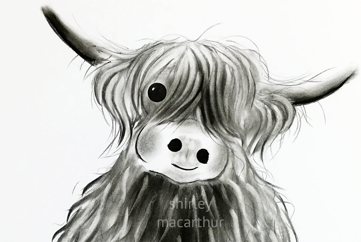 CHaRCoaL ORiGiNaLS! HiGHLaND CoW PaiNTiNGS - No 13 – SHiRLeY MacARTHuR