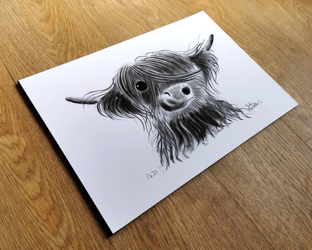 CHaRCoaL ORiGiNaLS! HiGHLaND CoW PaiNTiNG - No 21 – SHiRLeY MacARTHuR