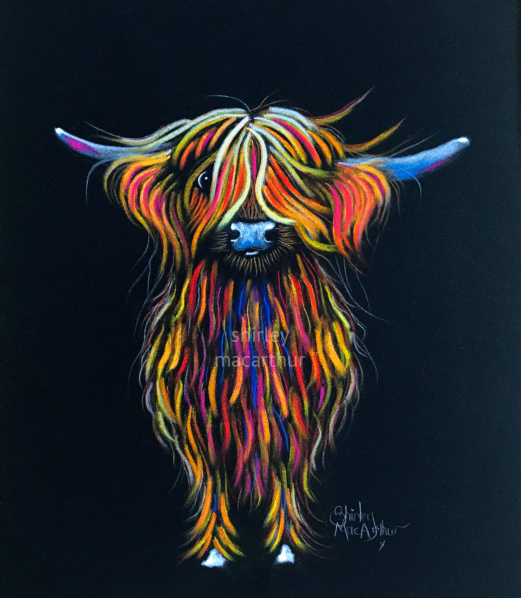 ORiGiNaL HiGHLaND CoW PaSTeL PaiNTiNG ' PeaCHeS ' BY SHiRLeY MacARTHuR